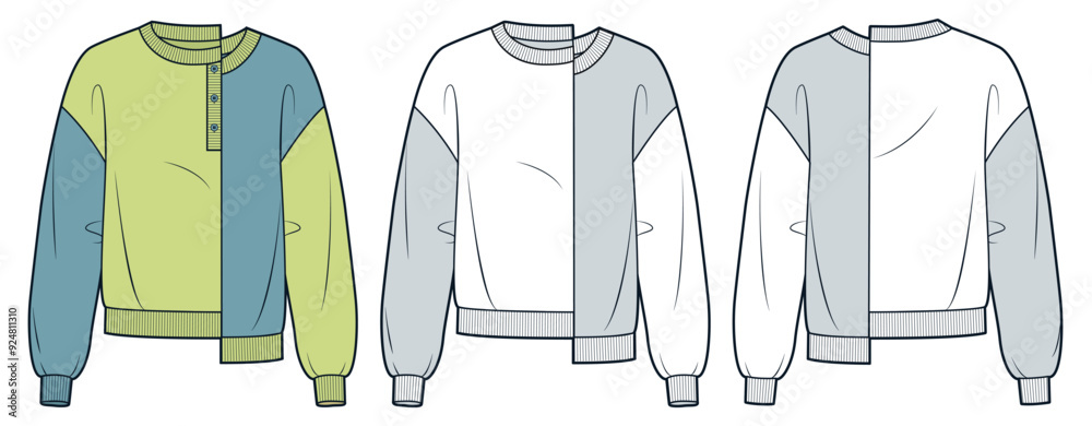 Asymmetric Sweatshirt fashion flat technical drawing template. Sweater ...