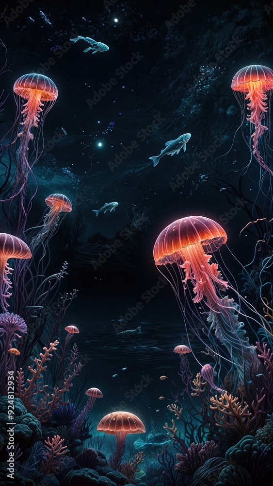 Deep Sea nightscape concept. A night-time underwater scene featuring ...