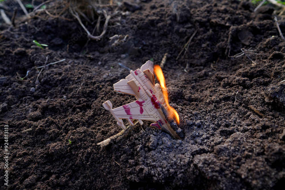 Wreckage fighter jet burning in field. Air Defense Shoots Down Fighter ...