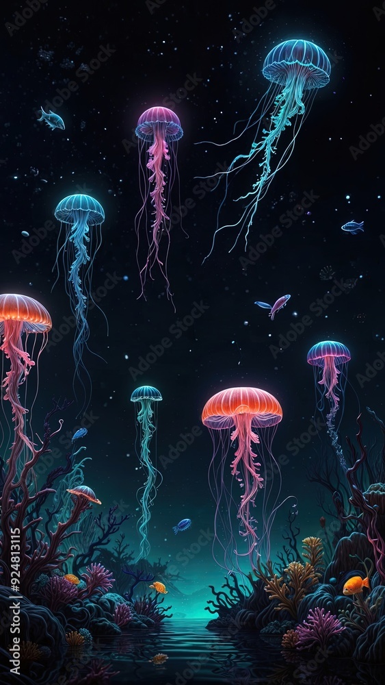 Deep Sea nightscape concept. A night-time underwater scene featuring ...