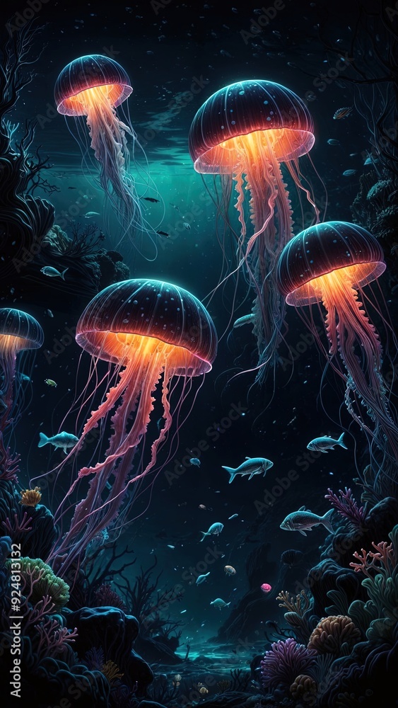 Deep Sea nightscape concept. A night-time underwater scene featuring ...