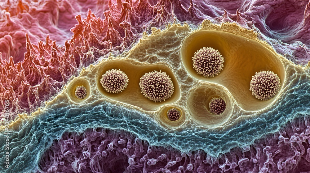 A close-up microscopic view of human skin cells in the epidermis layer ...