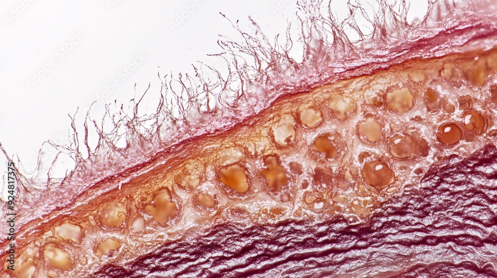 A highly magnified view of a human sebaceous gland and its associated ...