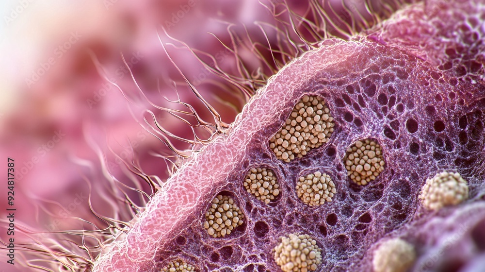 A highly magnified view of a human sebaceous gland and its associated ...