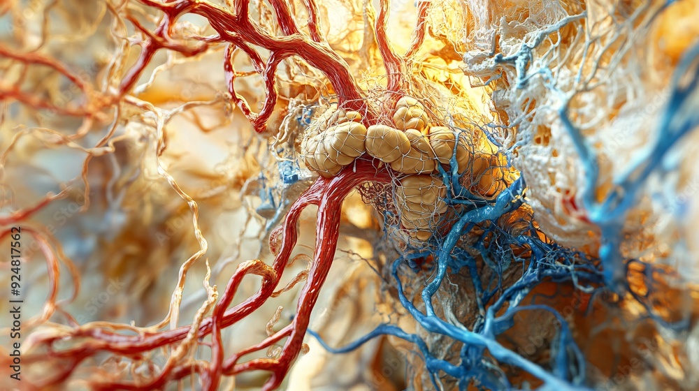 A detailed microscopic view of a human lymph node, showcasing its ...