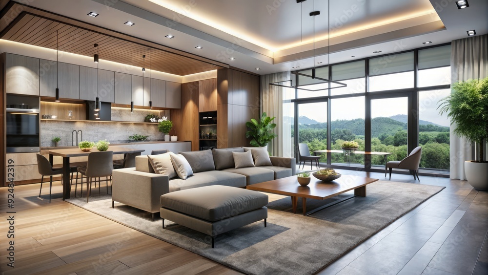 Four distinct sections of a modern, sleek, minimalist room, each with a ...