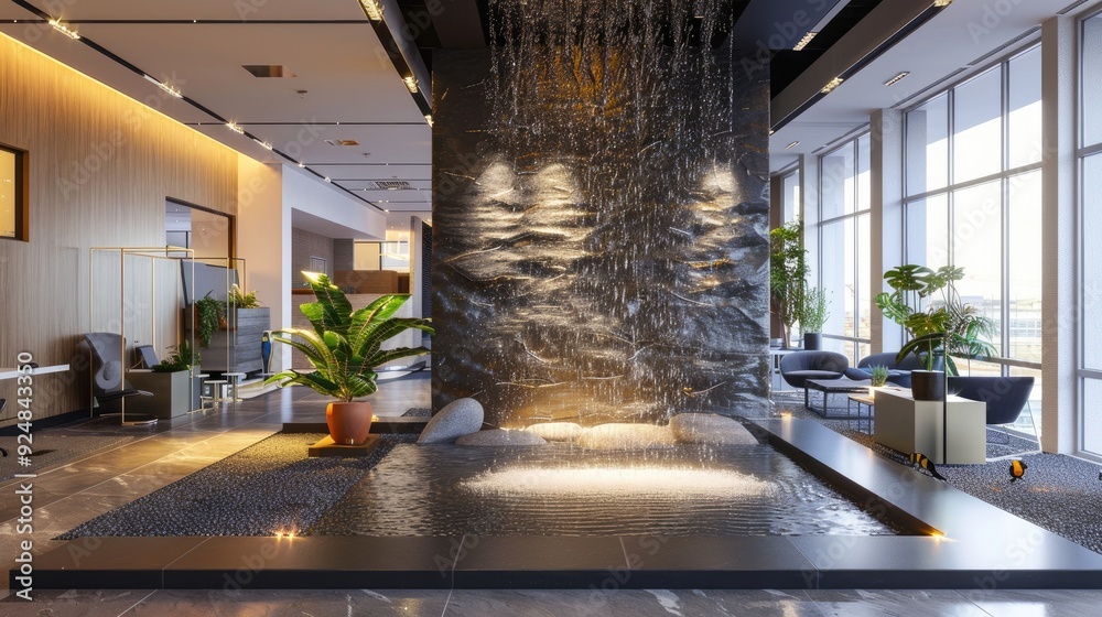 A modern office with a large indoor fountain, featuring water features ...