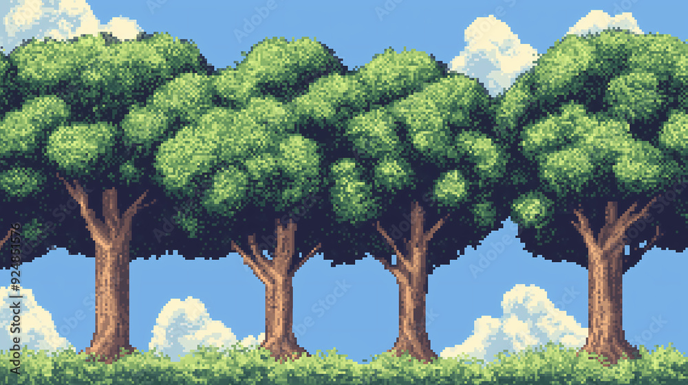 PIxel digital art of tall trees in a row in front of blue cloudy sky; 8 ...