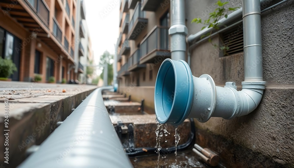 Detailed view of rainwater overflow pipe leading to drainage system ...