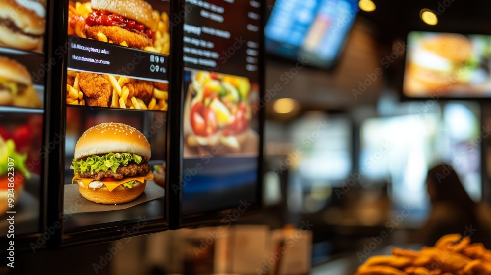 Customers view digital menu boards highlighting various burgers and ...