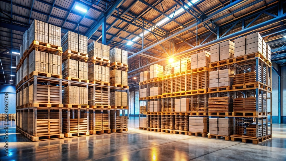 Stacked wooden pallets fill a large, dimly lit warehouse with concrete ...