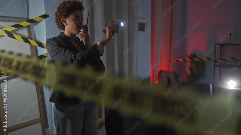 African american woman detective with flashlight and radio in dark ...
