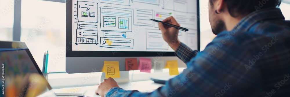 Person engaging in detailed website design process on desktop computer ...