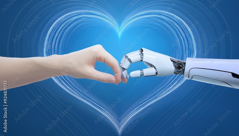simple illustration depicts a human hand and a robot hand clasped ...