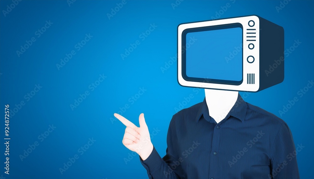 man with a television screen for a head, replacing his brain, stands in ...