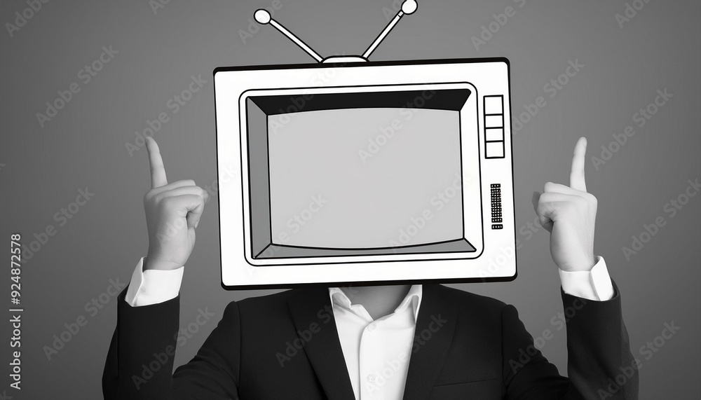 man with a television screen for a head, replacing his brain, stands in ...