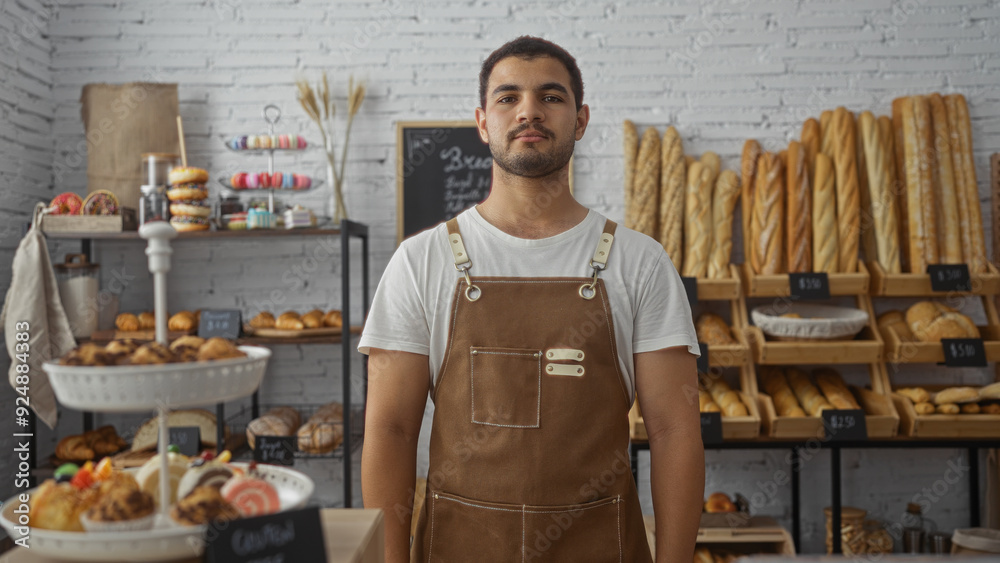 Young man standing proudly in a bakery with bread and pastries ...