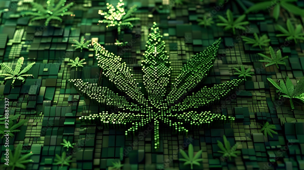 Marijuana leaves on a pixel technology background, close up top view on ...