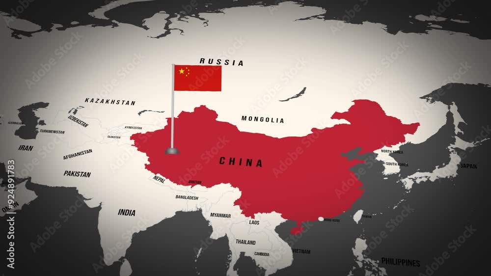China map with waving flag. Red color Map of China with flag. Peoples ...