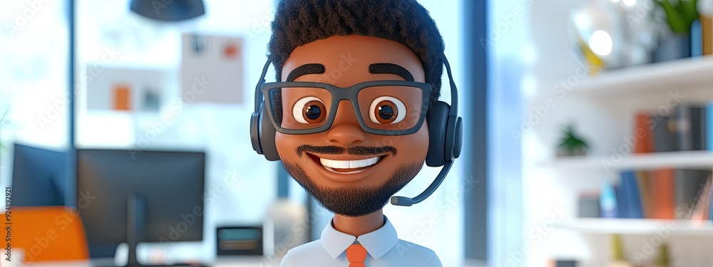 3D Cartoon of a cheerful black customer service agent with a headset ...
