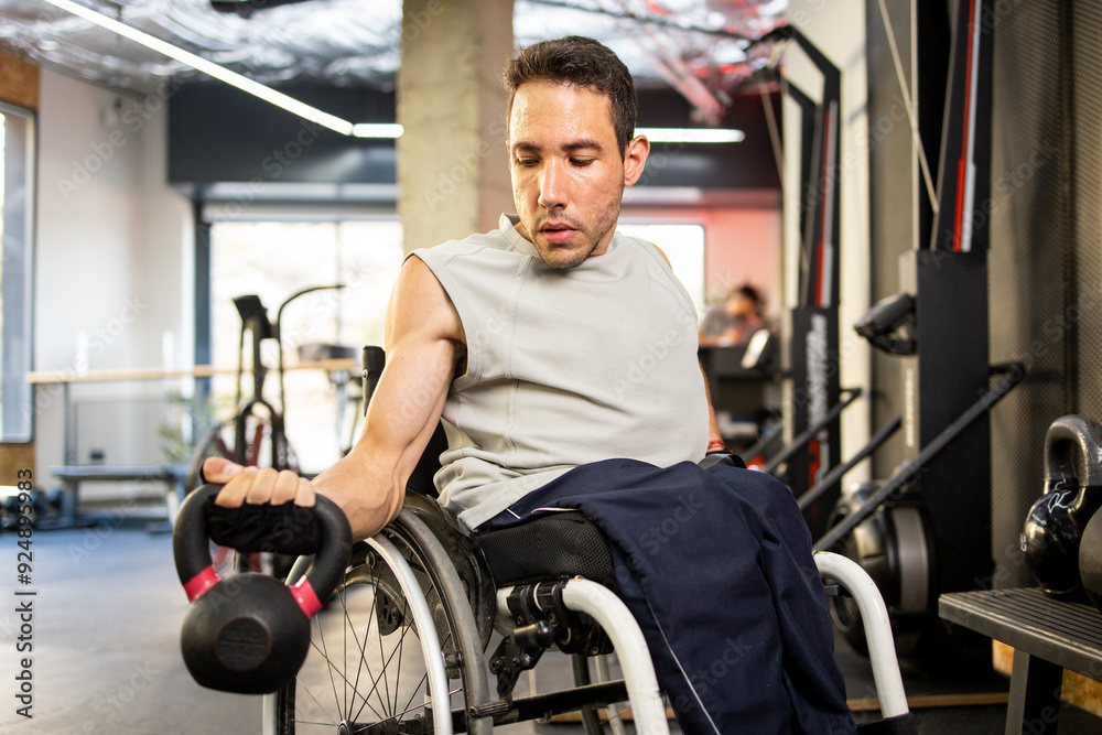 A man between 30 and 40 years old is training inside a gym sitting in a ...