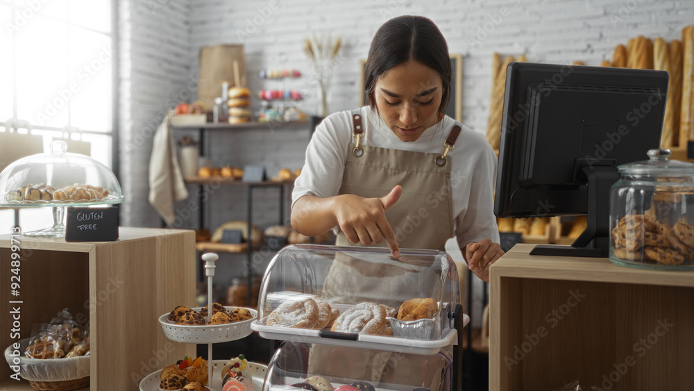 Woman working in a bakery pointing at pastries in a display case while ...