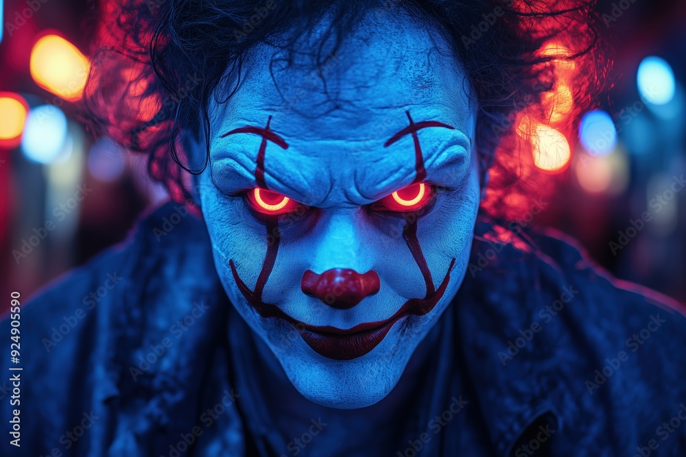 Halloween night carnival with neon lights, creepy clowns, and ghostly ...