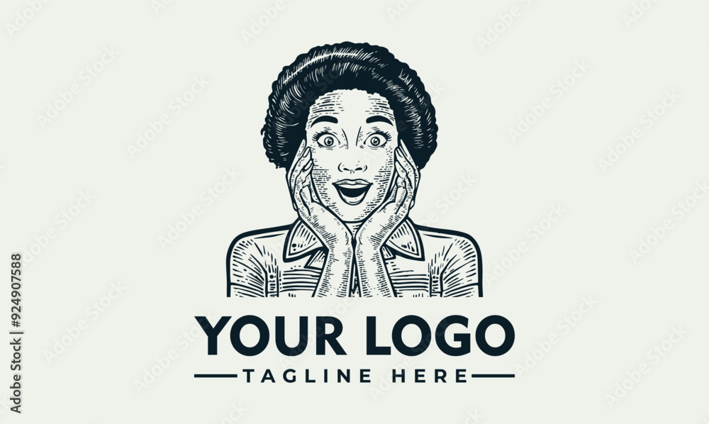 surprised woman expression with open mouth vector logo, wide eyes ...