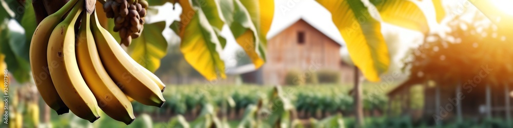 Ripe yellowing bananas hang in clusters on banana plantations ...