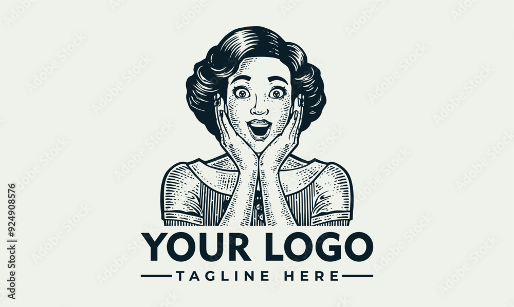 surprised woman expression with open mouth vector logo, wide eyes ...