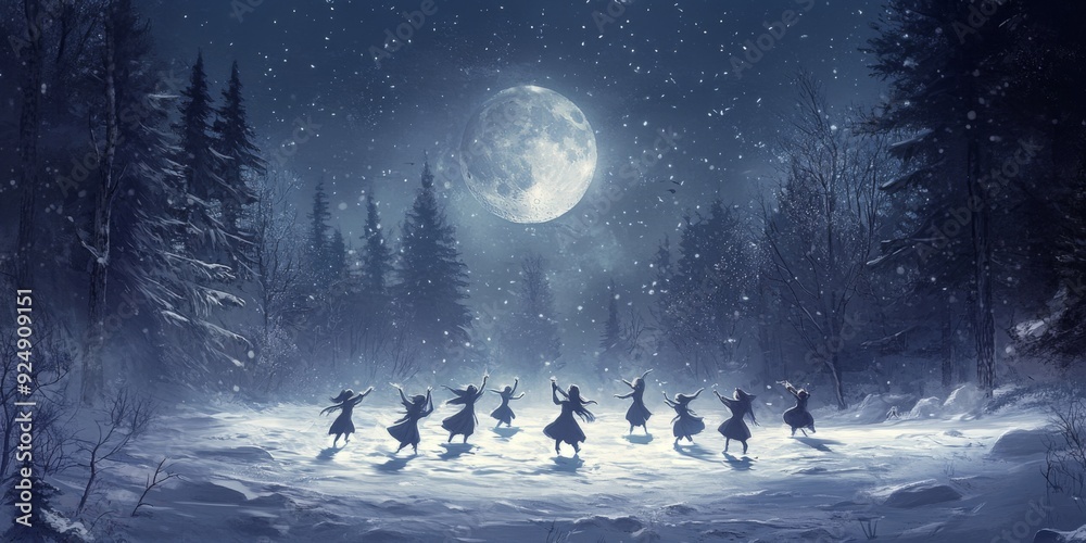 Winter Moon's Enchantment: A Whimsical Dance of Elves on a Snowy Canvas ...