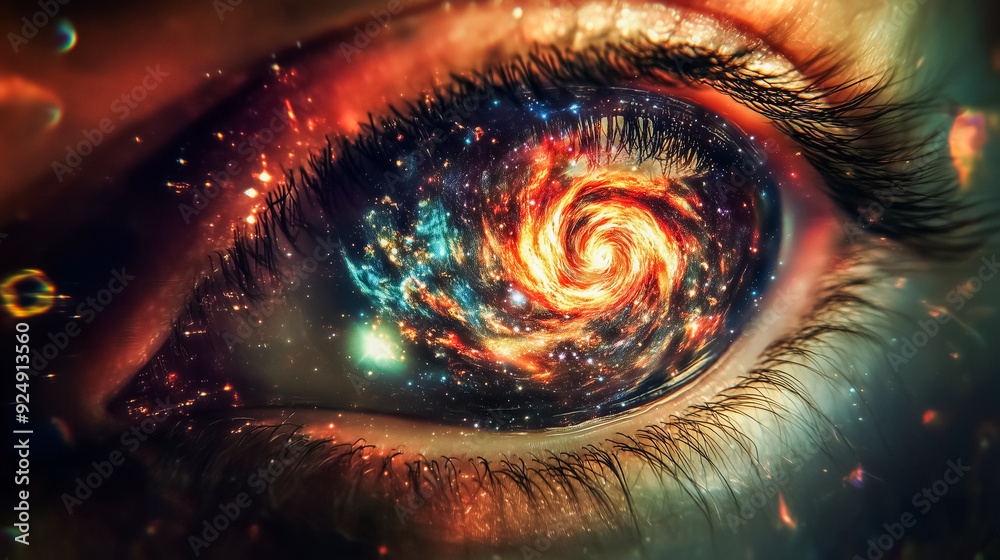 Cosmic galaxy swirling within a human eye, symbolizing the universe ...