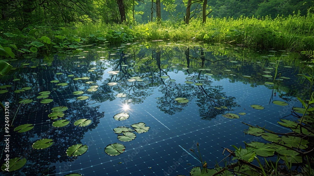 Solar Cells with Reflection in Water: Solar cells reflected in a nearby ...