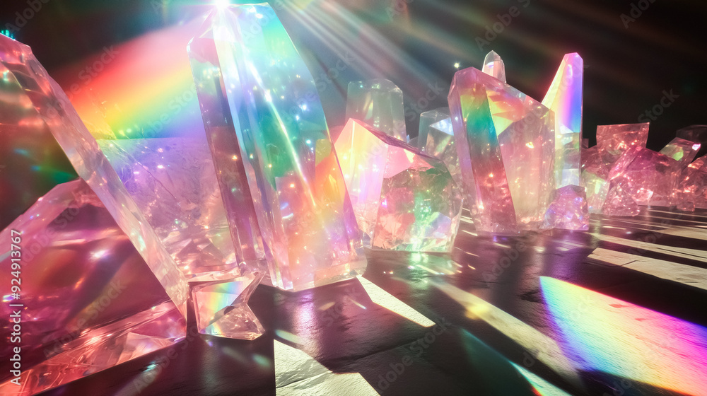 Prismatic crystals bathed in colorful light, creating a radiant and ...