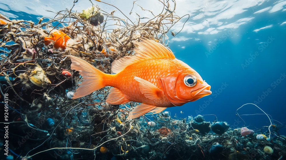 Orange fish swimming among tangled ocean debris, highlighting the ...