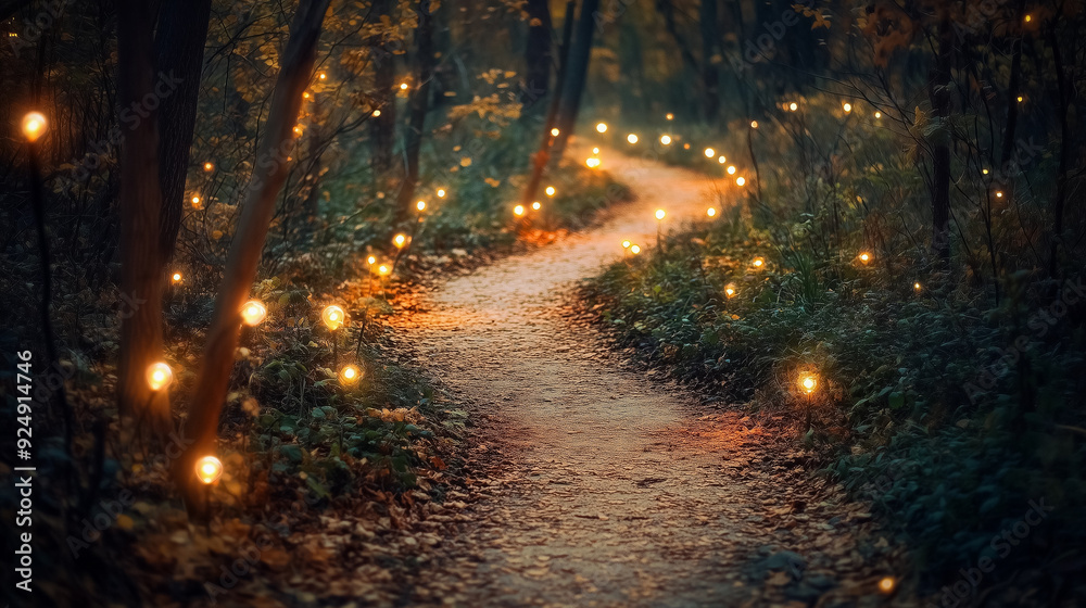 Mystical forest pathway illuminated by floating orbs of light, guiding ...