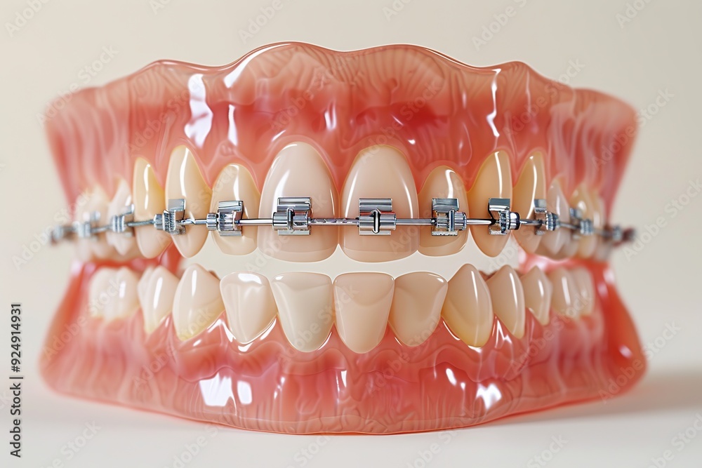 A detailed lifelike model of teeth fitted with orthodontic braces ...