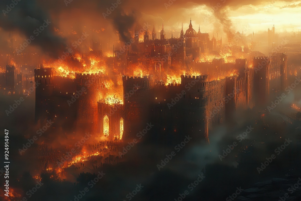 ancient citadel under siege imposing stone walls flaming catapults and ...