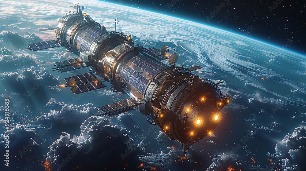 Solar Cells in a Space Station: Solar cells installed on a futuristic ...