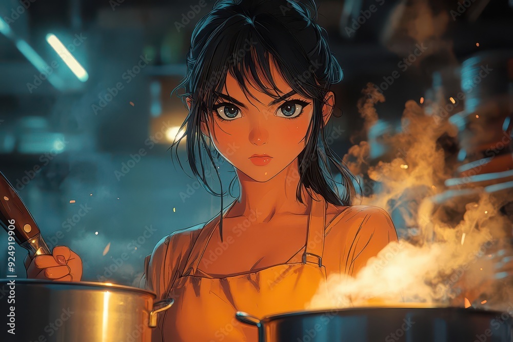 anime style female chef in bustling restaurant kitchen steam rises from ...