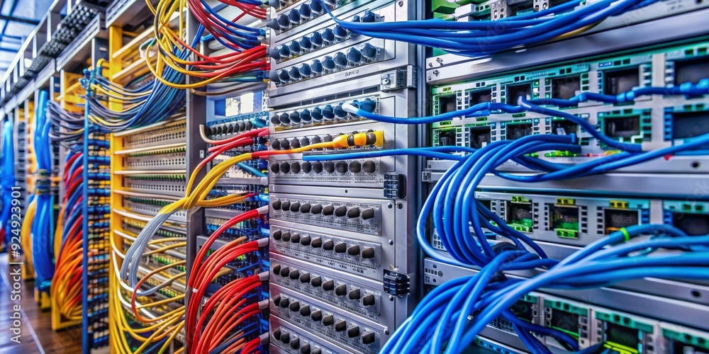 Tangled network cables connected to a switch in a crowded data center ...