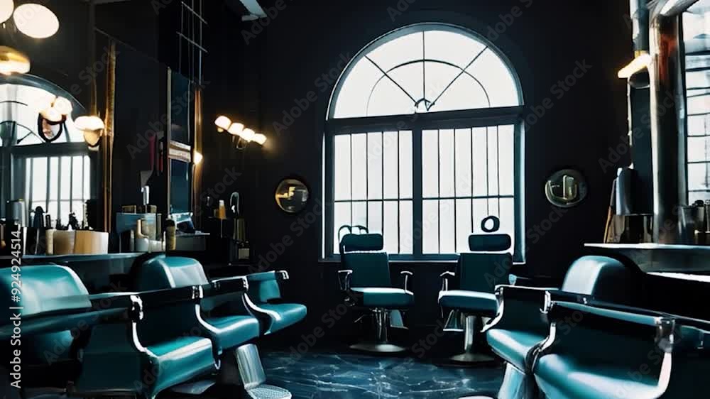 Traditional Barber Shop Interior with Dark Walls, Arched Window, and ...