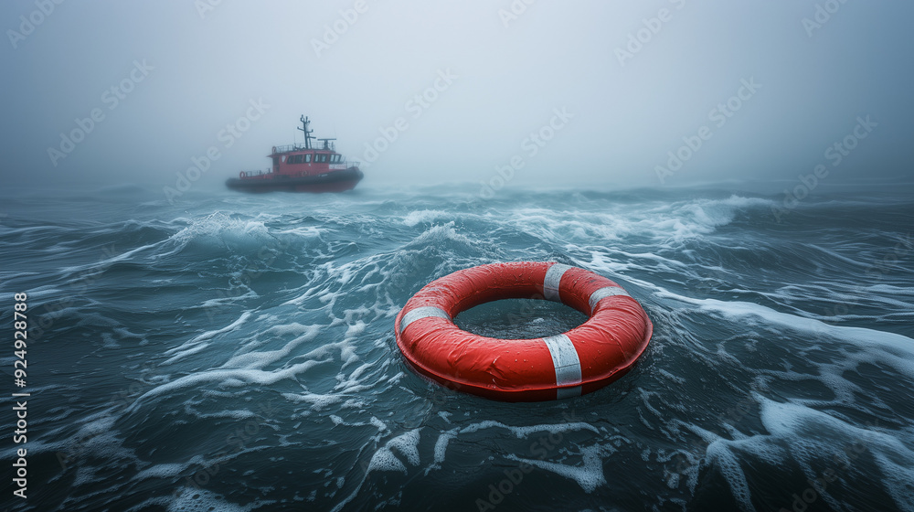 On turbulent seas, a life preserver floats with a rescue boat afar ...