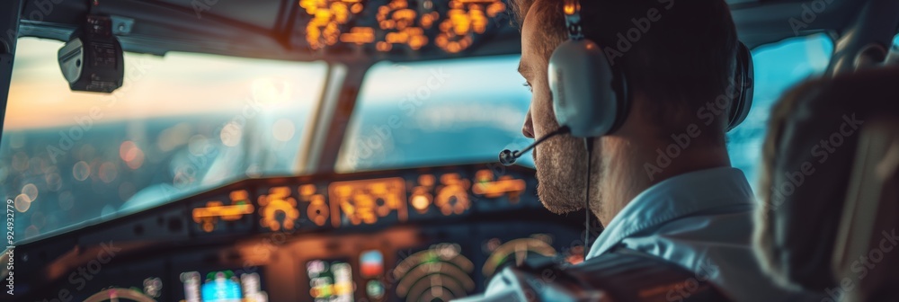 An image showing a pilot in a cockpit, actively controlling the ...
