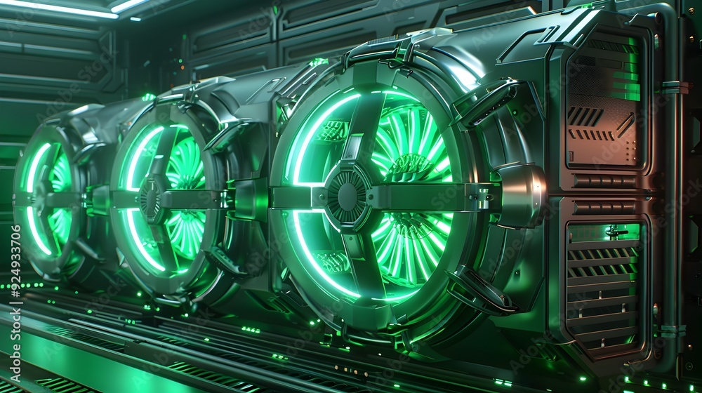 Glowing Green Energy Storage Module with Futuristic Cooling Fins and ...