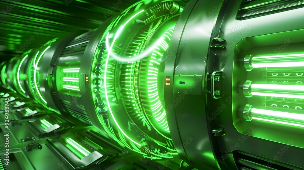 Glowing Green Energy Storage Module with Futuristic Cooling Fins and ...