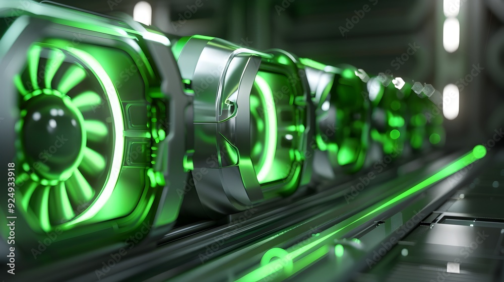 3D rendering of a glowing green energy storage module with futuristic ...
