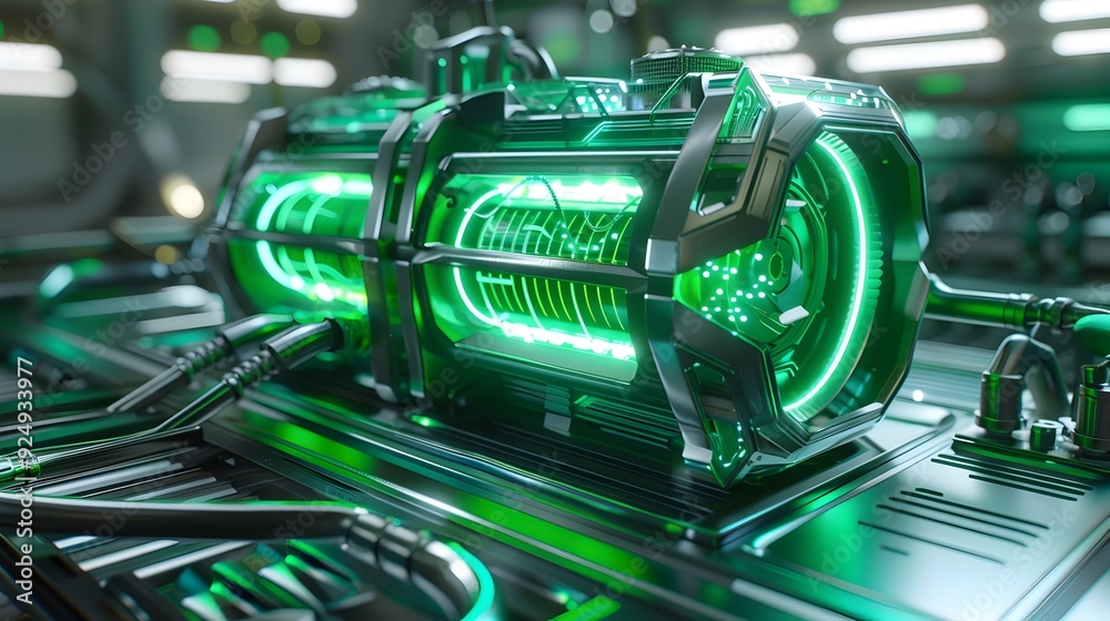 3D rendering of a glowing green energy storage module with futuristic ...