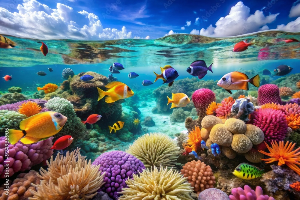 Colorful tropical fish swim together in unison amidst vibrant coral ...