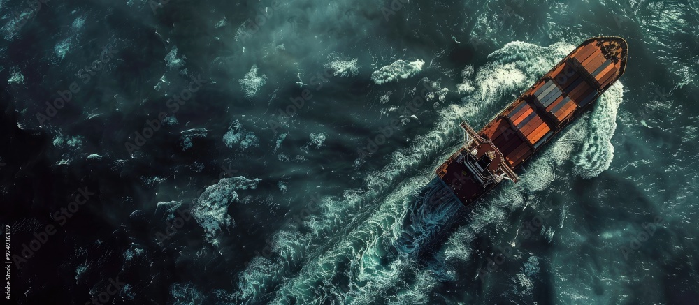 Aerial overview of a cargo ship transporting containers for import and ...